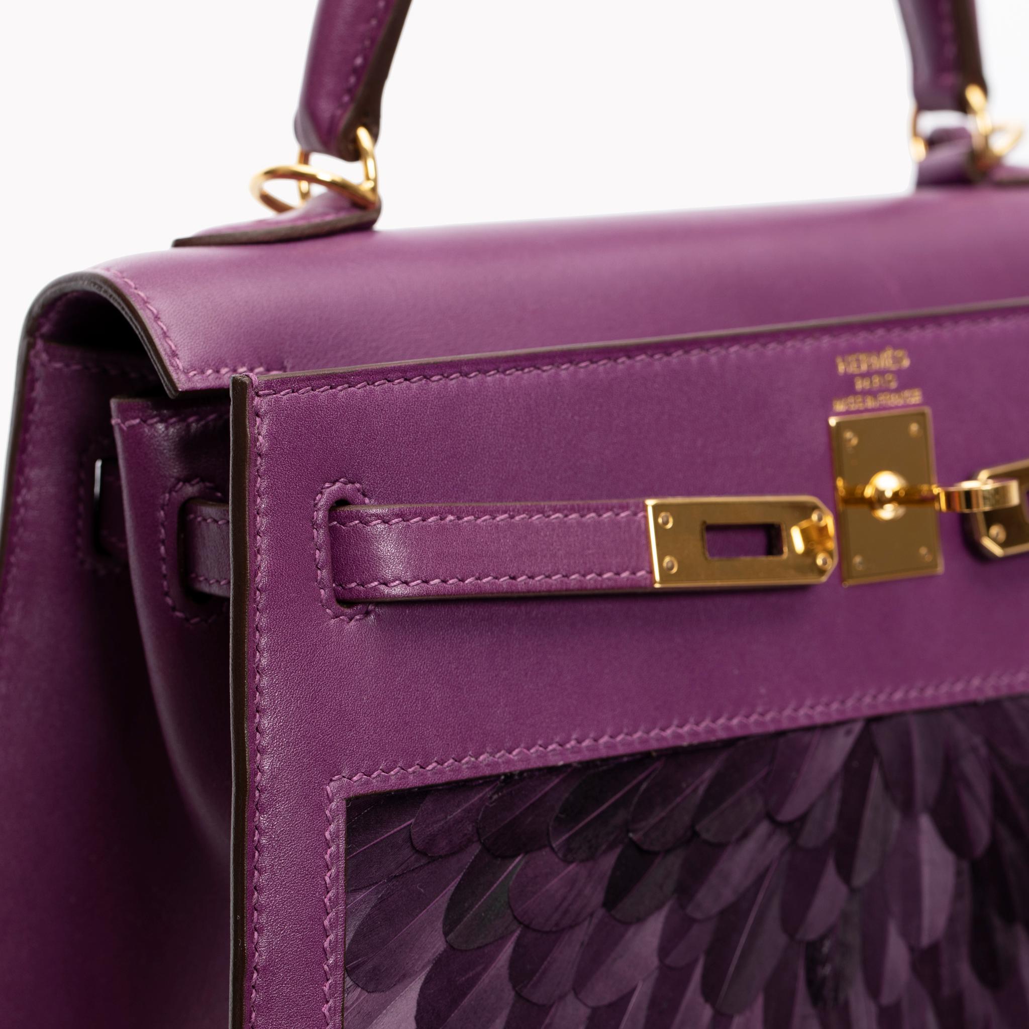 Hermès Kelly 25cm Custom Violet Feather Design Tadelakt Leather Gold ...