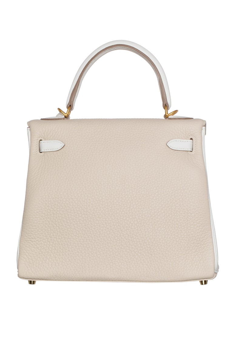 Hermes Kelly 25cm "Special Order" Craie and White Clemence Leather Gold ...