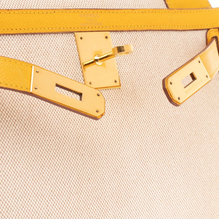 Hermès Kelly 28 sellier strap handbag in canvas and yellow courchevel ...