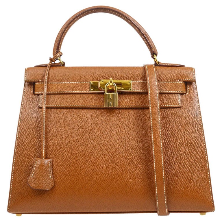 HERMES Kelly 28 Sellier Tan Brown Cognac Gold Courchevel Top Handle ...