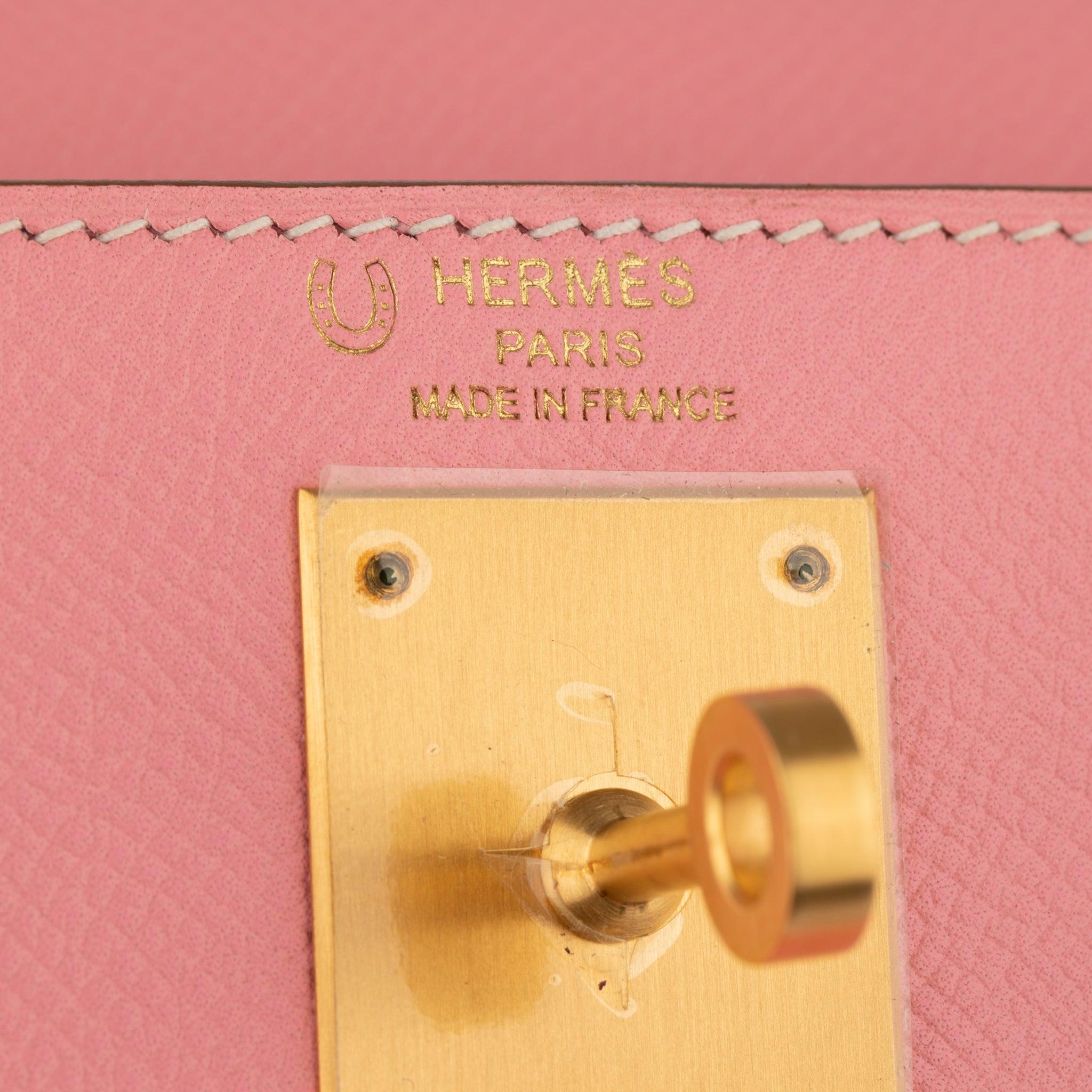 Hermès Kelly 28cm Rose Confetti and White Epsom Leather Brushed Gold ...