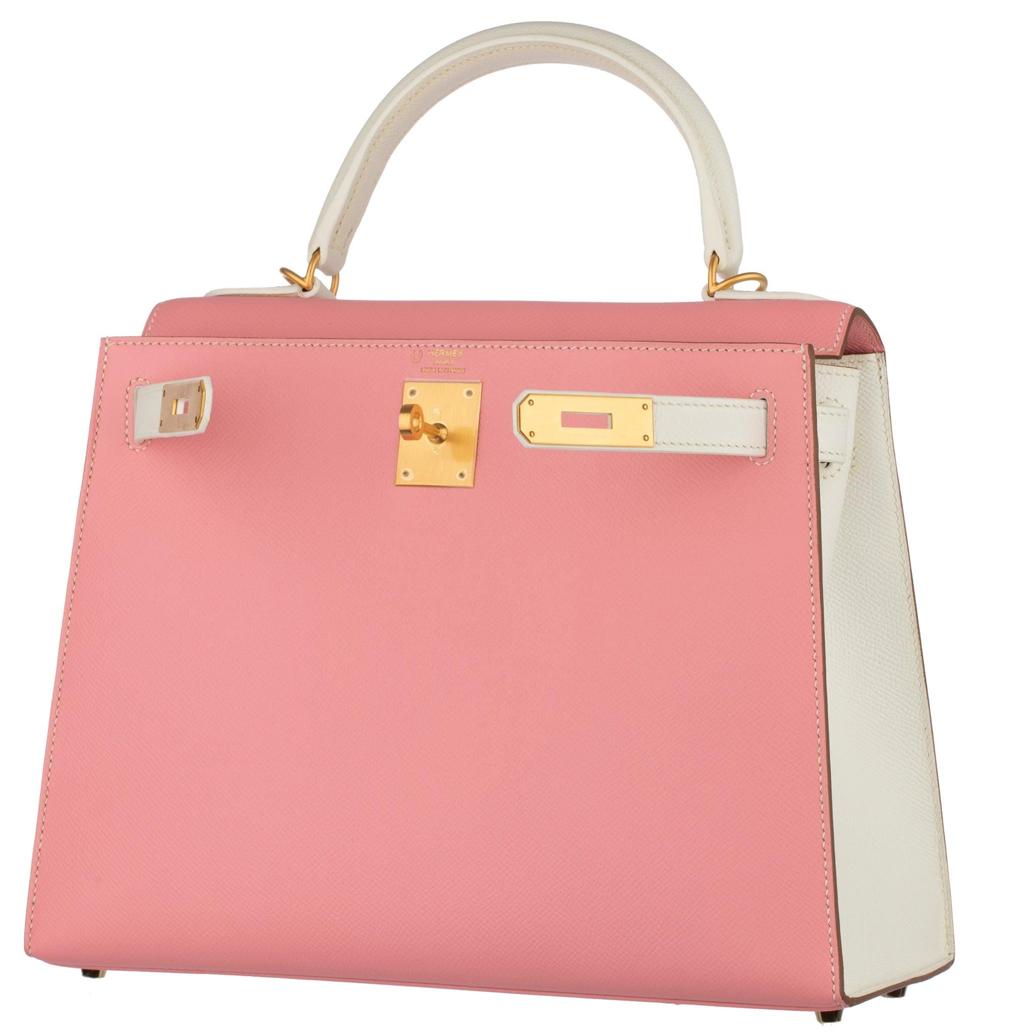 Hermès Kelly 28cm Rose Confetti and White Epsom Leather Brushed Gold ...