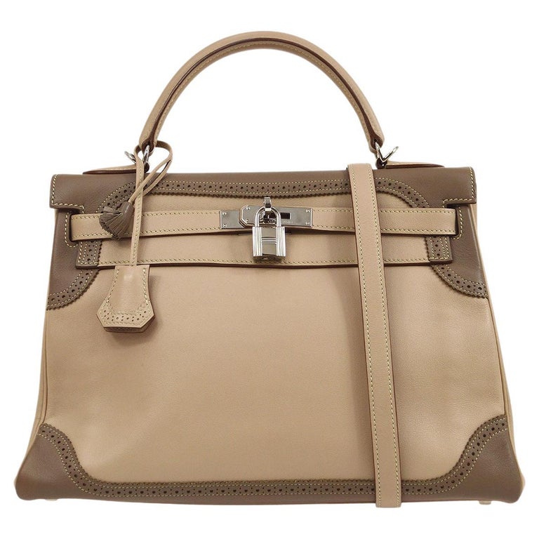 HERMES Kelly 32 Ghillies Brown Taupe Beige Palladium Top Handle ...