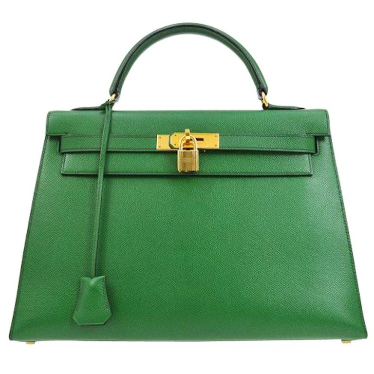 Hermes Kelly 32 Green Leather Gold Top Handle Satchel Shoulder Tote Bag ...