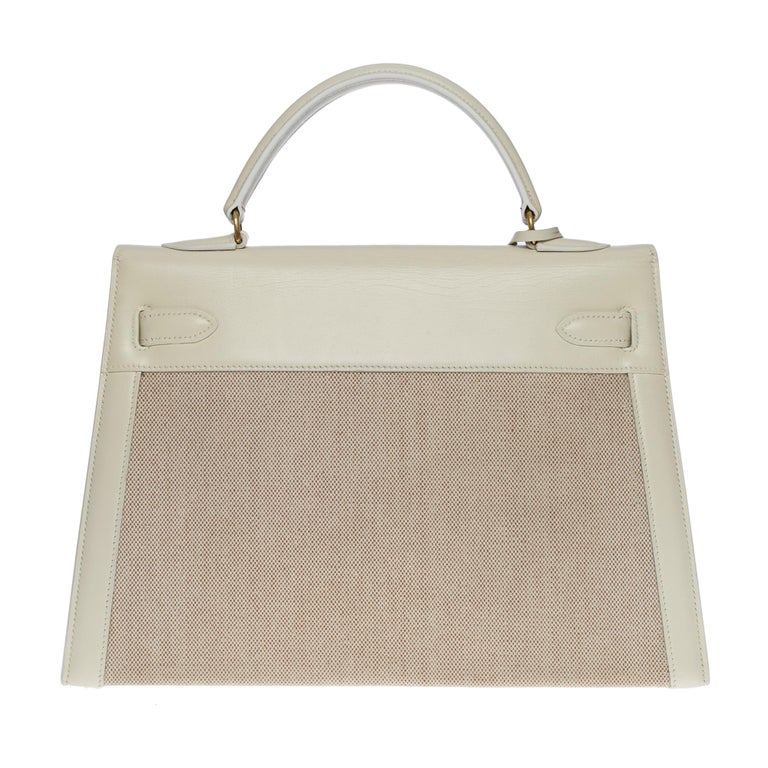 Hermès Kelly 32 handbag strap in beigei canvas and white box calf ...