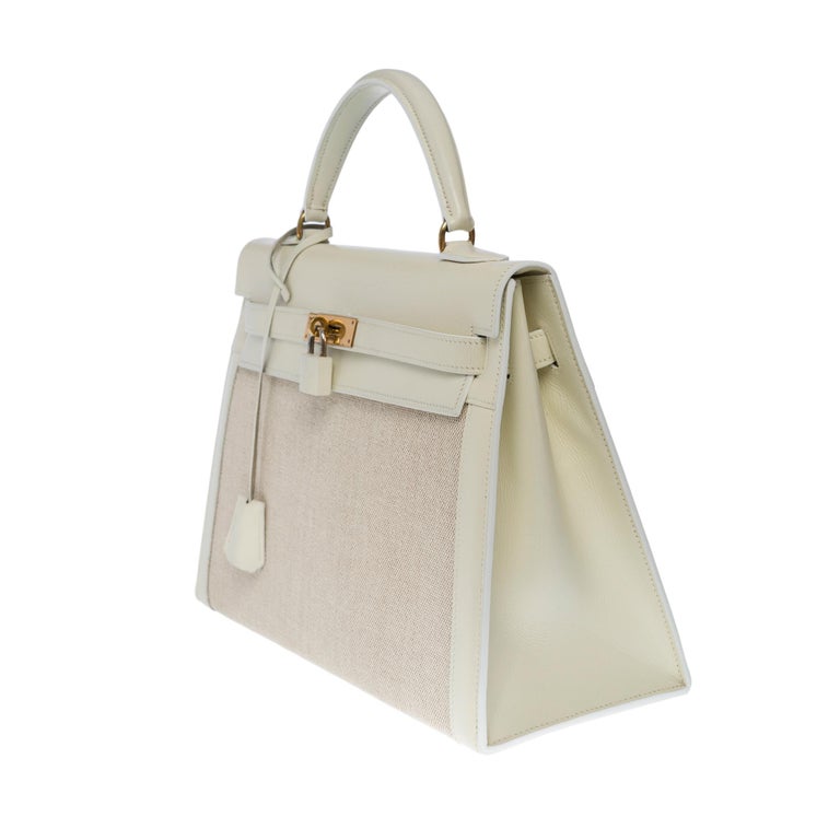 Hermès Kelly 32 handbag strap in beigei canvas and white box calf ...