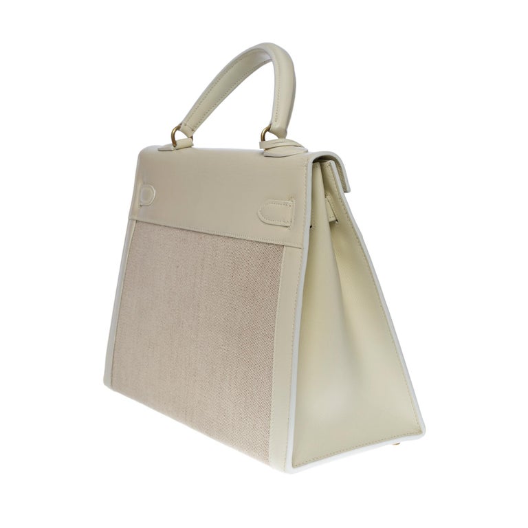Hermès Kelly 32 handbag strap in beigei canvas and white box calf ...