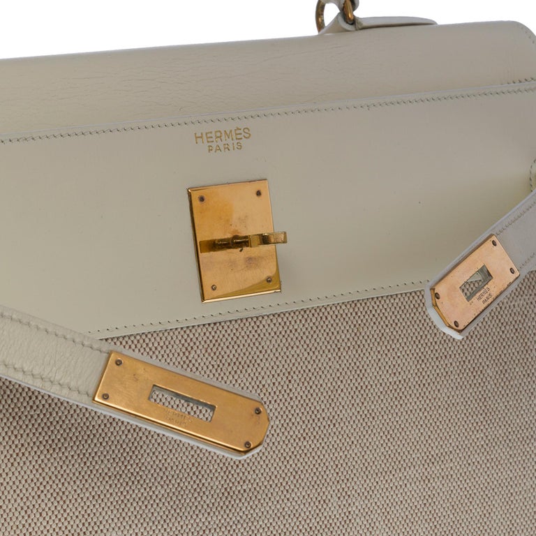 Hermès Kelly 32 handbag strap in beigei canvas and white box calf ...