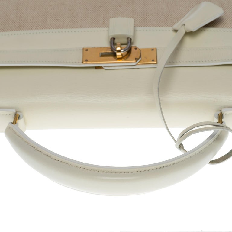 Hermès Kelly 32 handbag strap in beigei canvas and white box calf ...