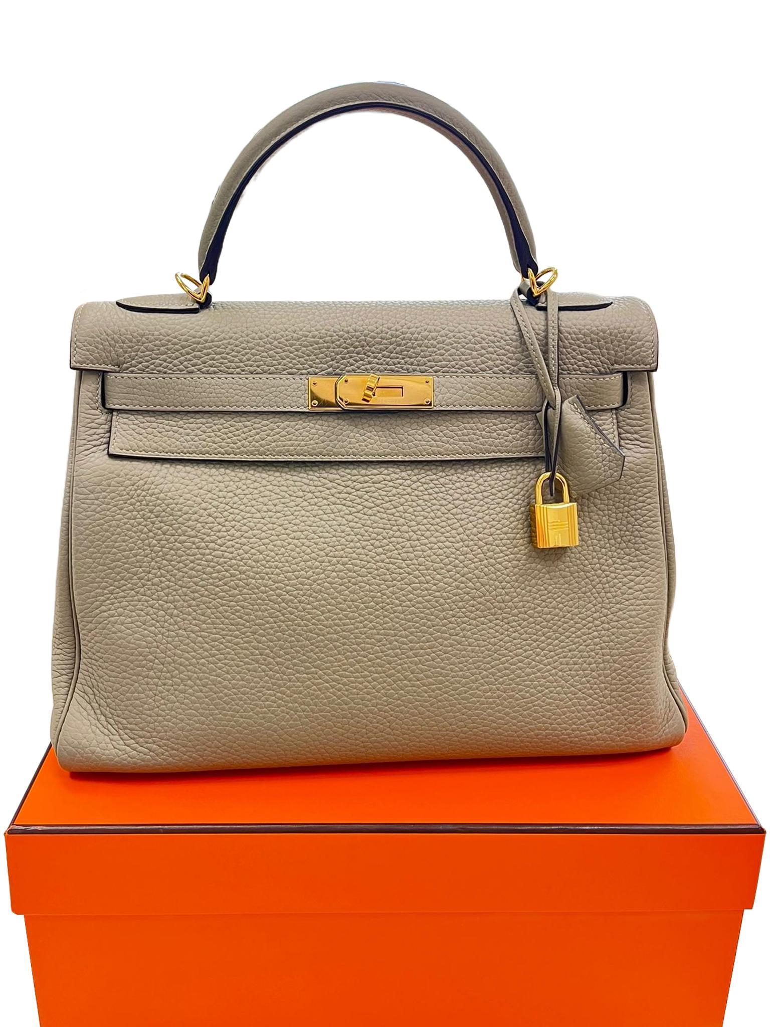 Herm s Kelly 32 Togo Leather Sauge Khaki Twist Lock Gold Plated
