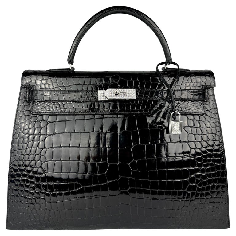 Hermes Kelly 35 Black Noir Diamond Shiny Crocodile 18K White Gold ...