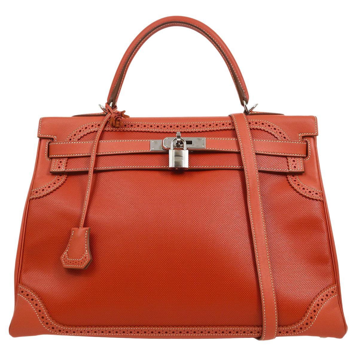 HERMES Kelly 35 Retourne Ghillies Orange Red Top Handle Shoulder Tote ...
