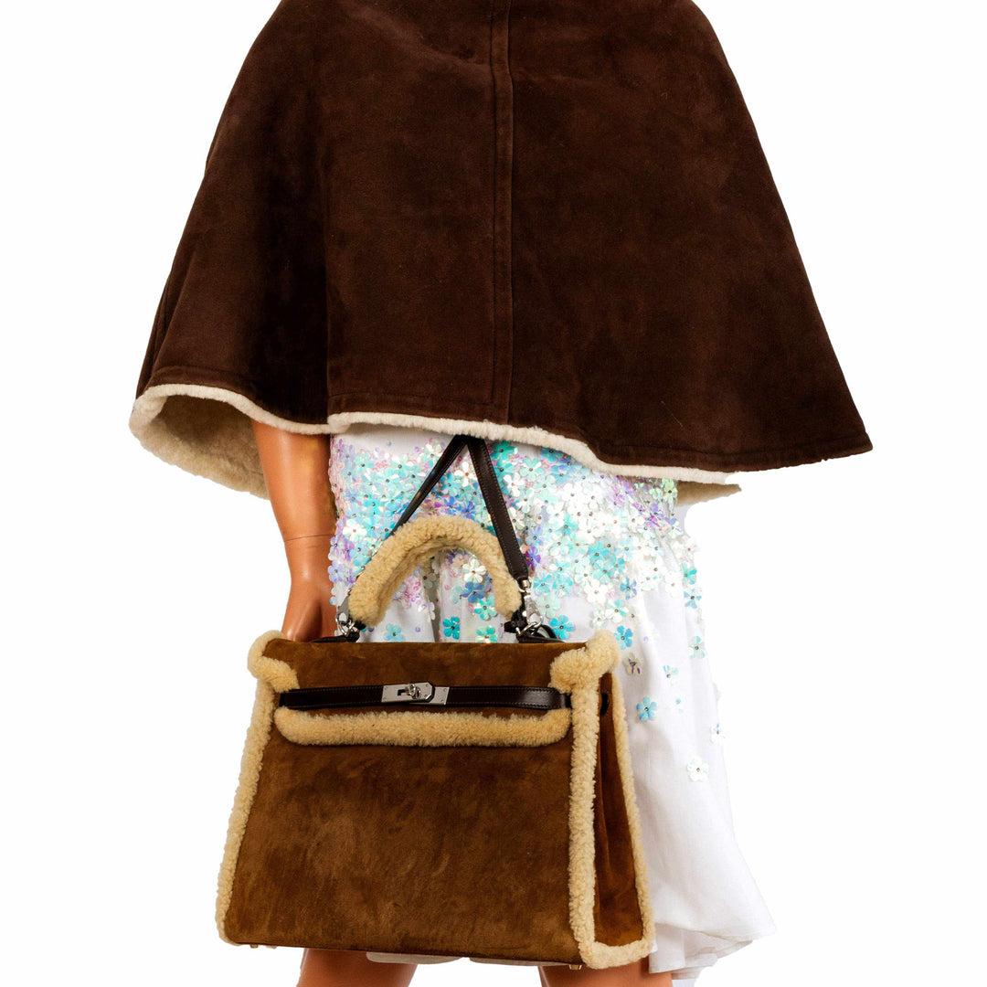 Hermès Kelly 35 Retourne Teddy Shearling and Ebene Barenia Palladium ...