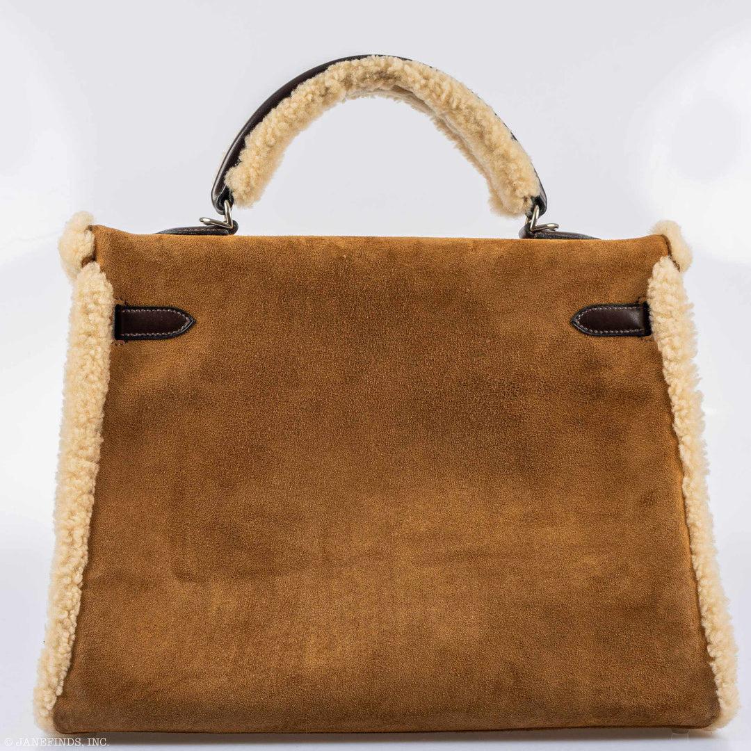 Hermès Kelly 35 Retourne Teddy Shearling and Ebene Barenia Palladium ...
