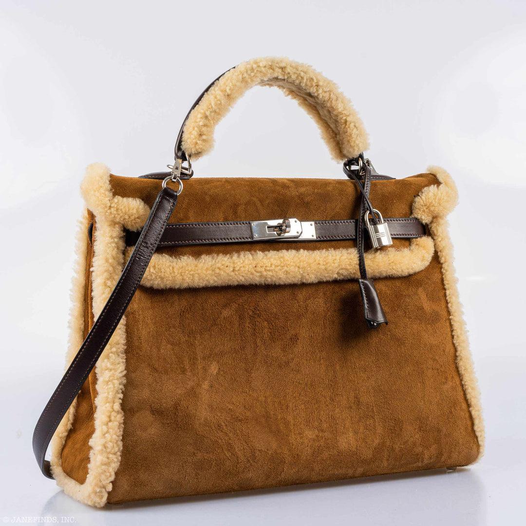 Hermès Kelly 35 Retourne Teddy Shearling and Ebene Barenia Palladium ...