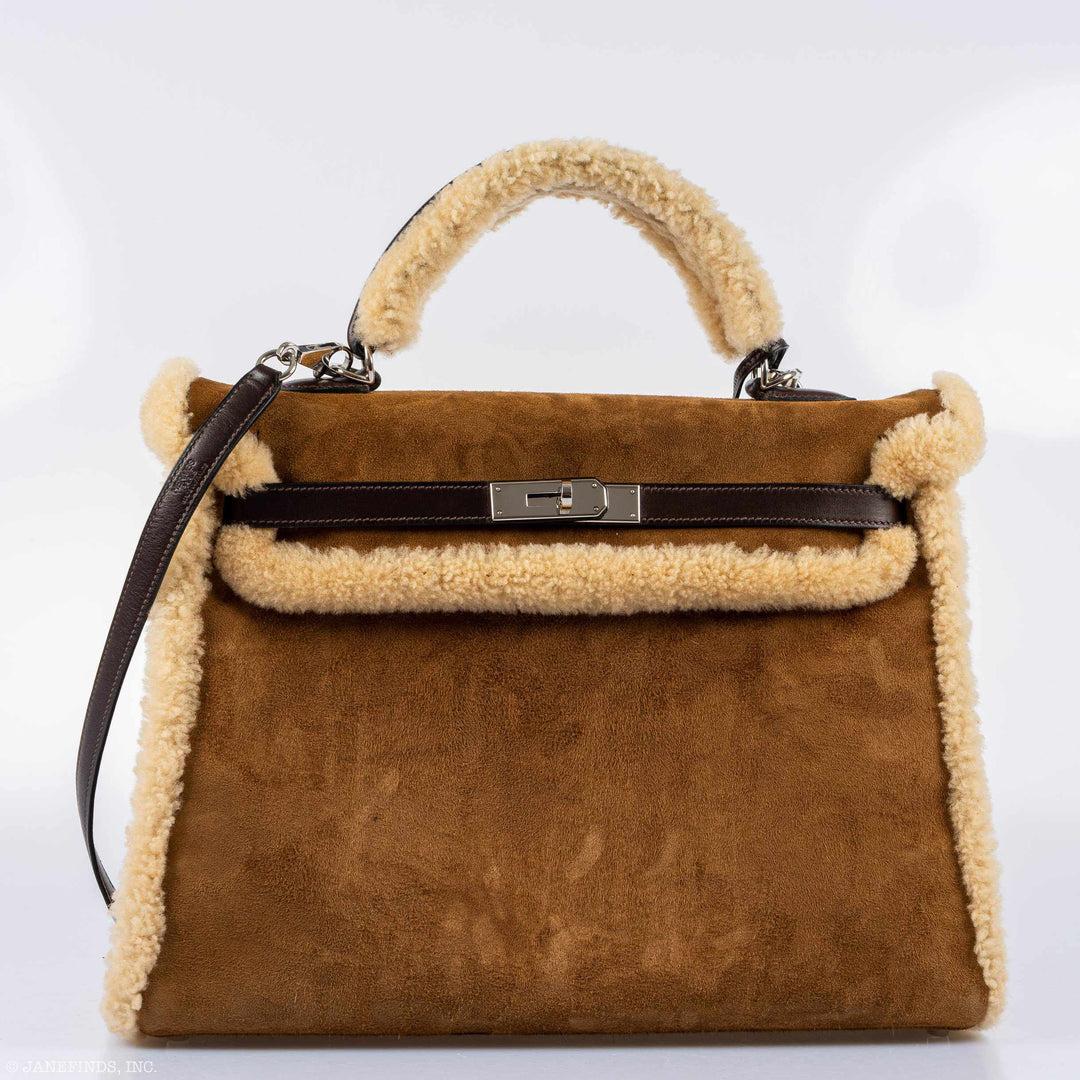 Hermès Kelly 35 Retourne Teddy Shearling and Ebene Barenia Palladium ...