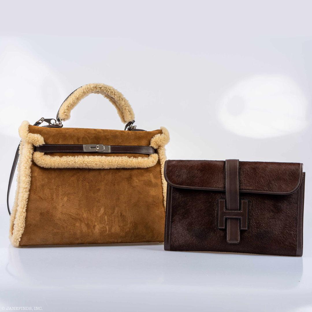 Hermès Kelly 35 Retourne Teddy Shearling and Ebene Barenia Palladium ...