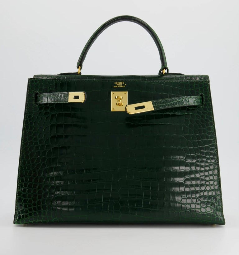 Hermes Kelly 35 Vert Fonce Shiny Porosus Crocodile Ghw At 1stdibs