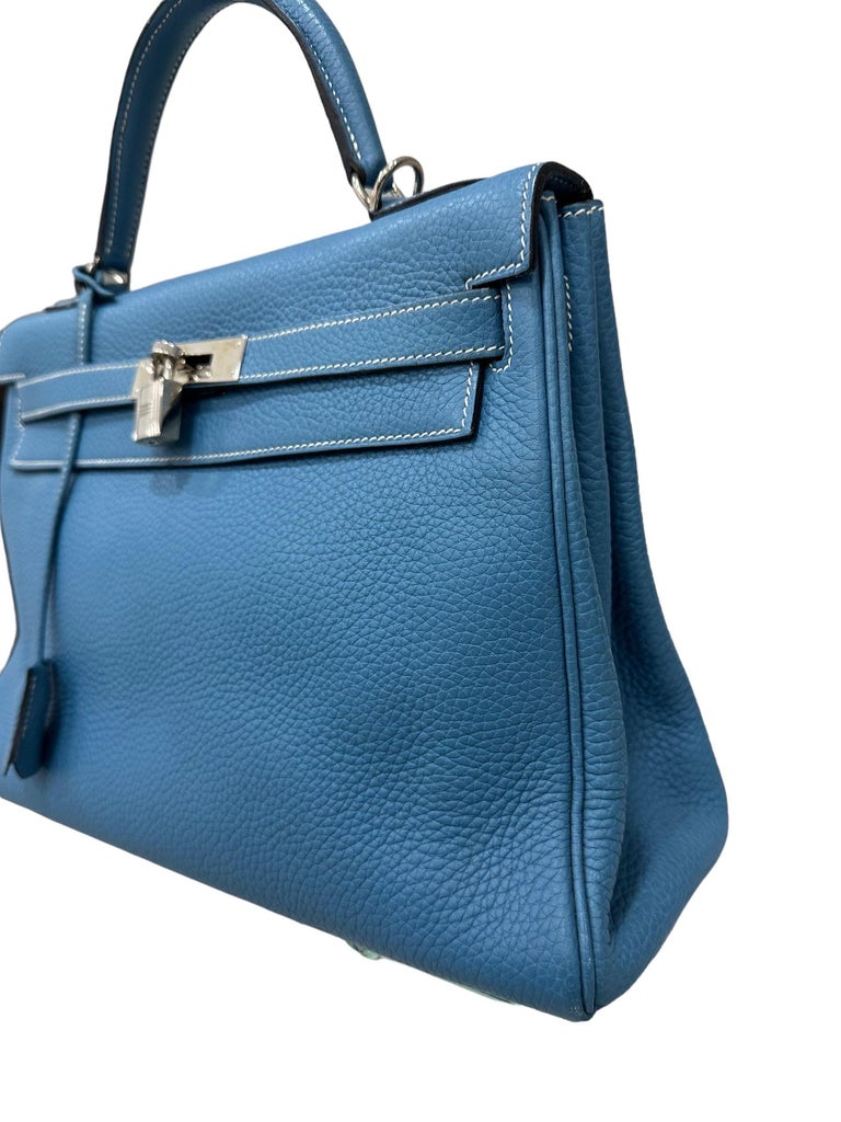 Hermès Kelly Bag 32 Clemence Leather Blue Izmir Top Handle Bag For Sale ...