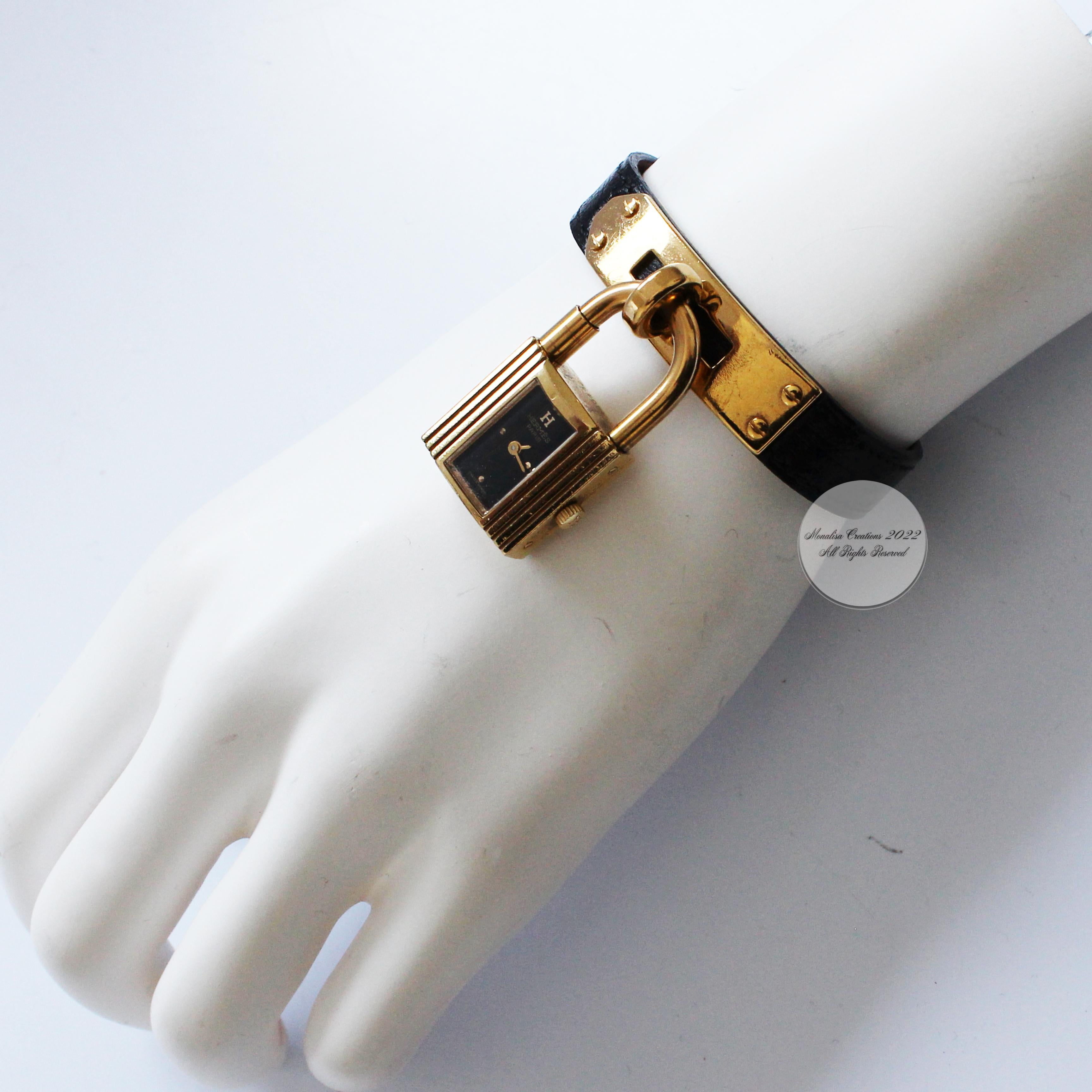 Hermes Kelly Gold Cadena Lock Watch with Black Chèvre Mysore Leather ...