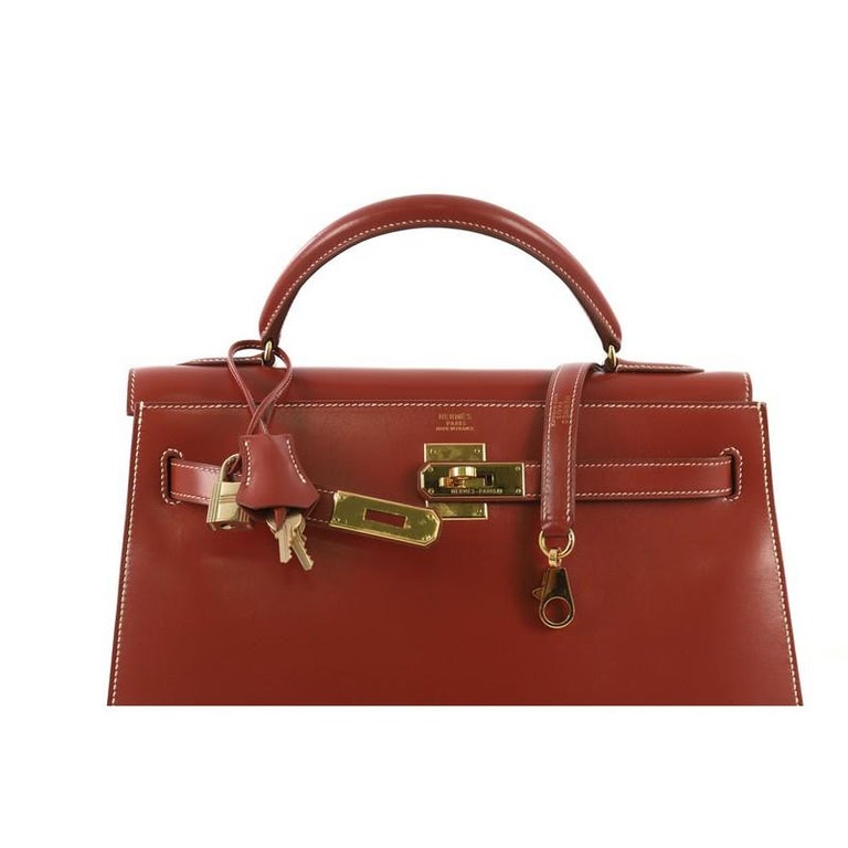Hermes Kelly Handbag Brique Box Calf with Gold Hardware 32 at 1stDibs