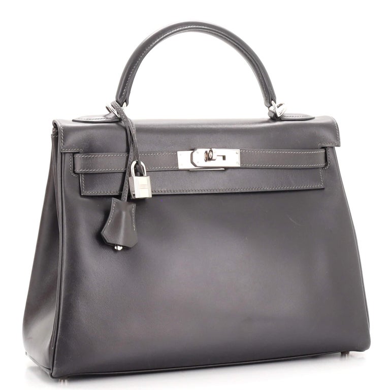 Hermes Kelly Handbag Grey Box Calf with Palladium Hardware 32 at 1stDibs