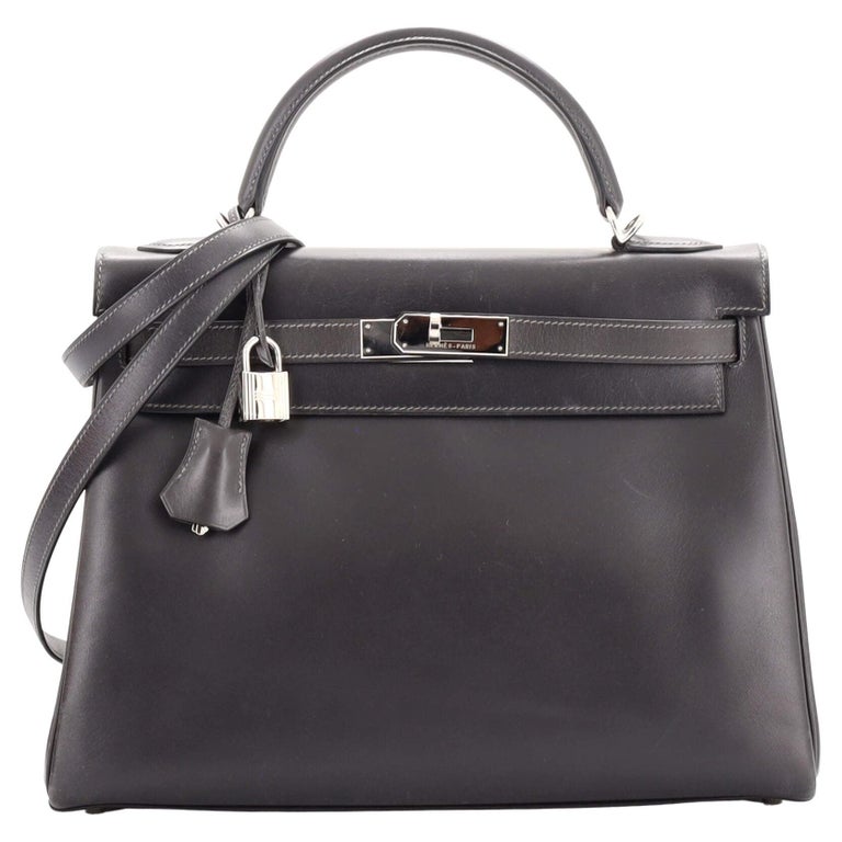 Hermes Kelly Handbag Grey Box Calf with Palladium Hardware 32 at 1stDibs