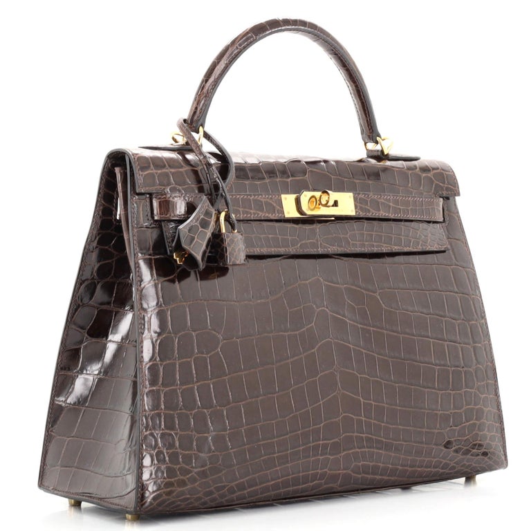 Hermes Kelly Handbag Havane Shiny Niloticus Crocodile with Gold ...