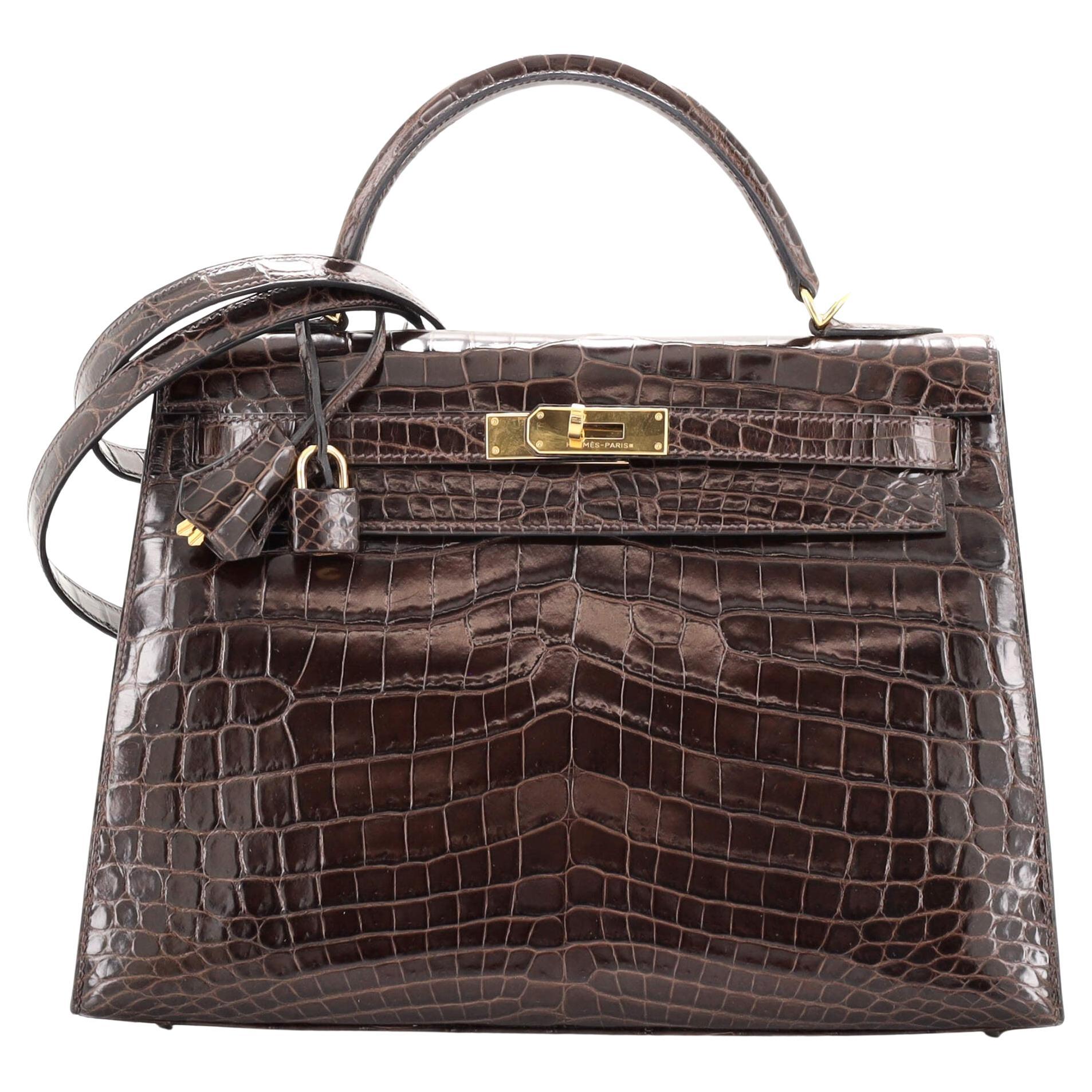 Hermes Kelly Handbag Havane Shiny Niloticus Crocodile with Gold ...