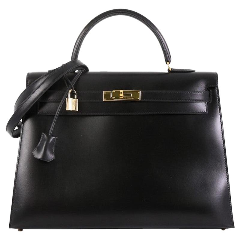 Hermes Kelly Handbag Noir Box Calf with Gold Hardware 35 at 1stDibs