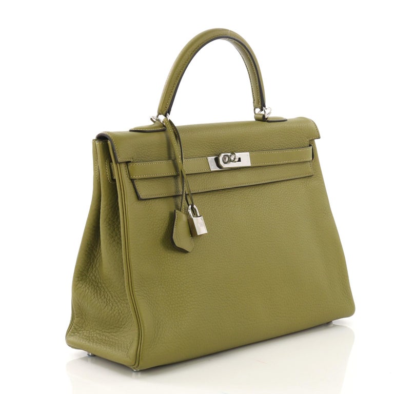 Hermes Kelly Handbag Vert Chartreuse Clemence with Palladium Hardware ...
