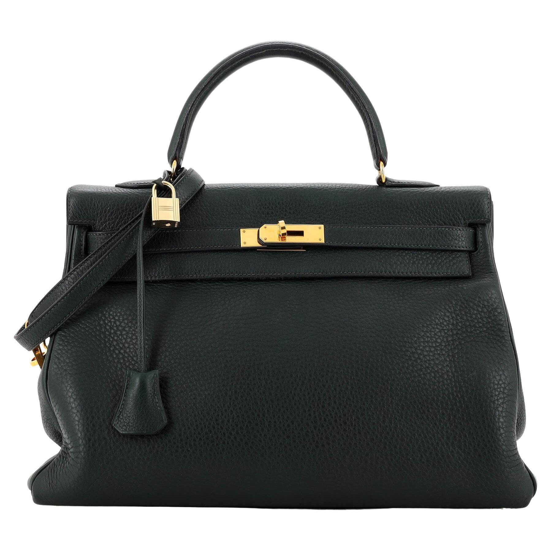 Hermes Kelly Handbag Vert Foncé Clemence with Gold Hardware 35 For Sale ...