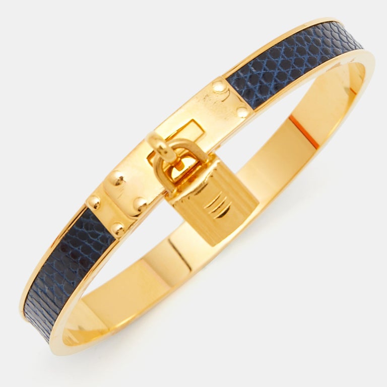 Hermès Kelly Lock Cadena Blue Leather Gold Tone Metal Bangle Bracelet ...