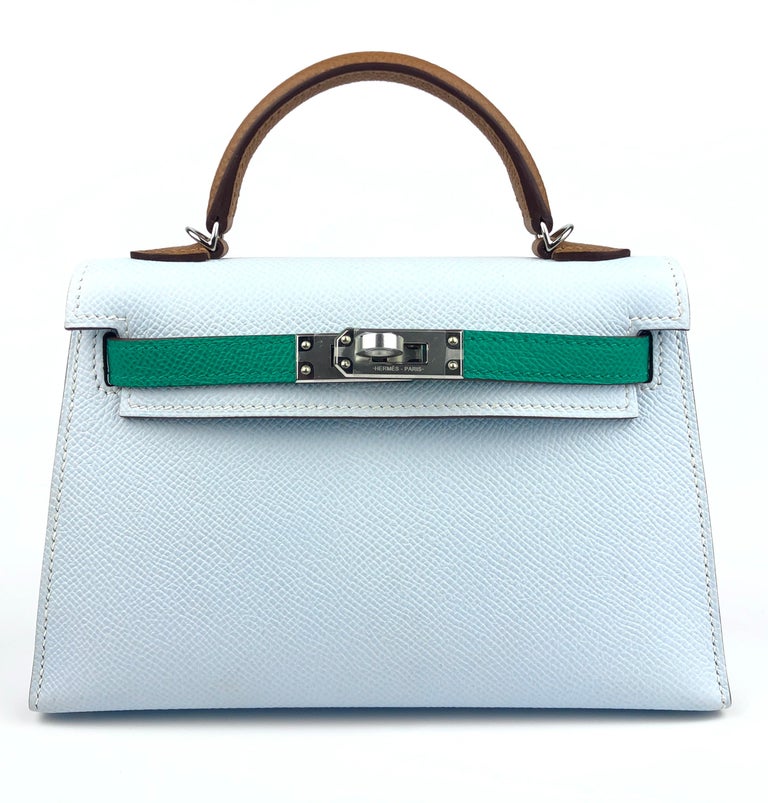 Hermes Kelly Mini 20 Bag Tricolor Blue Brume Vert Jade Green Epsom ...