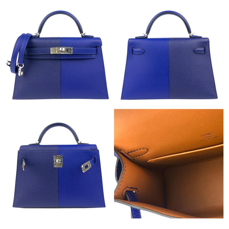 Hermes Kelly Mini 20 Bag Tricolor Blue Electric Blue Encre Gold Epsom ...