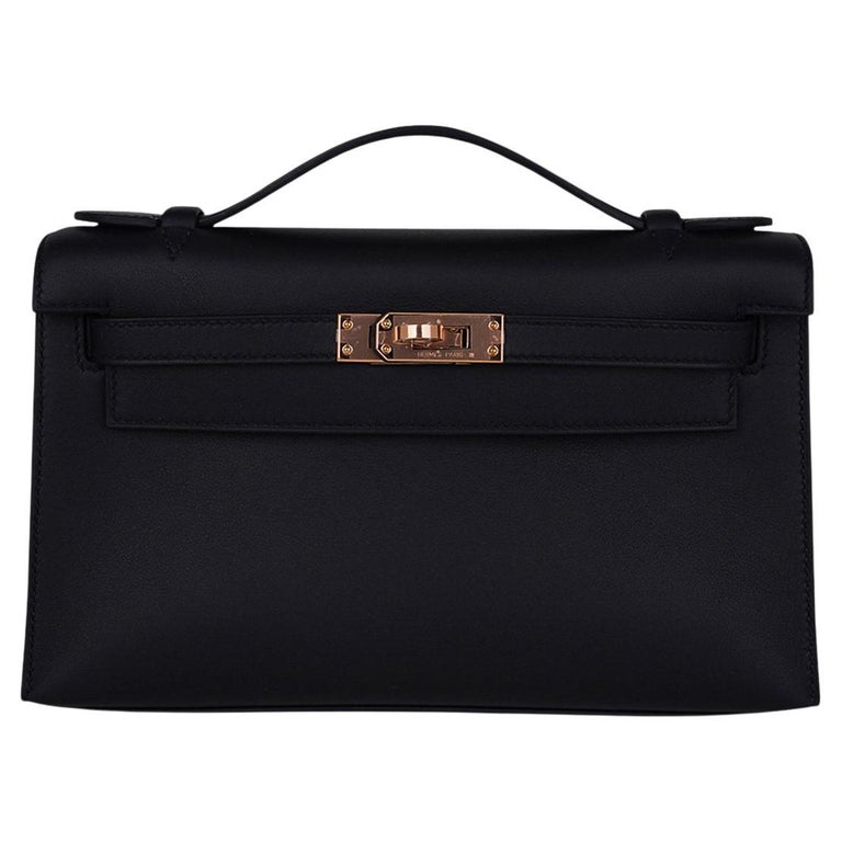 Hermes Kelly Pochette Bag Black Rose Gold Hardware For Sale at 1stDibs
