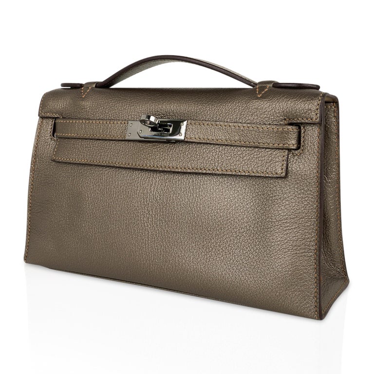 Hermes Kelly Pochette Metallic Bronze Clutch Bag Chevre Palladium at ...