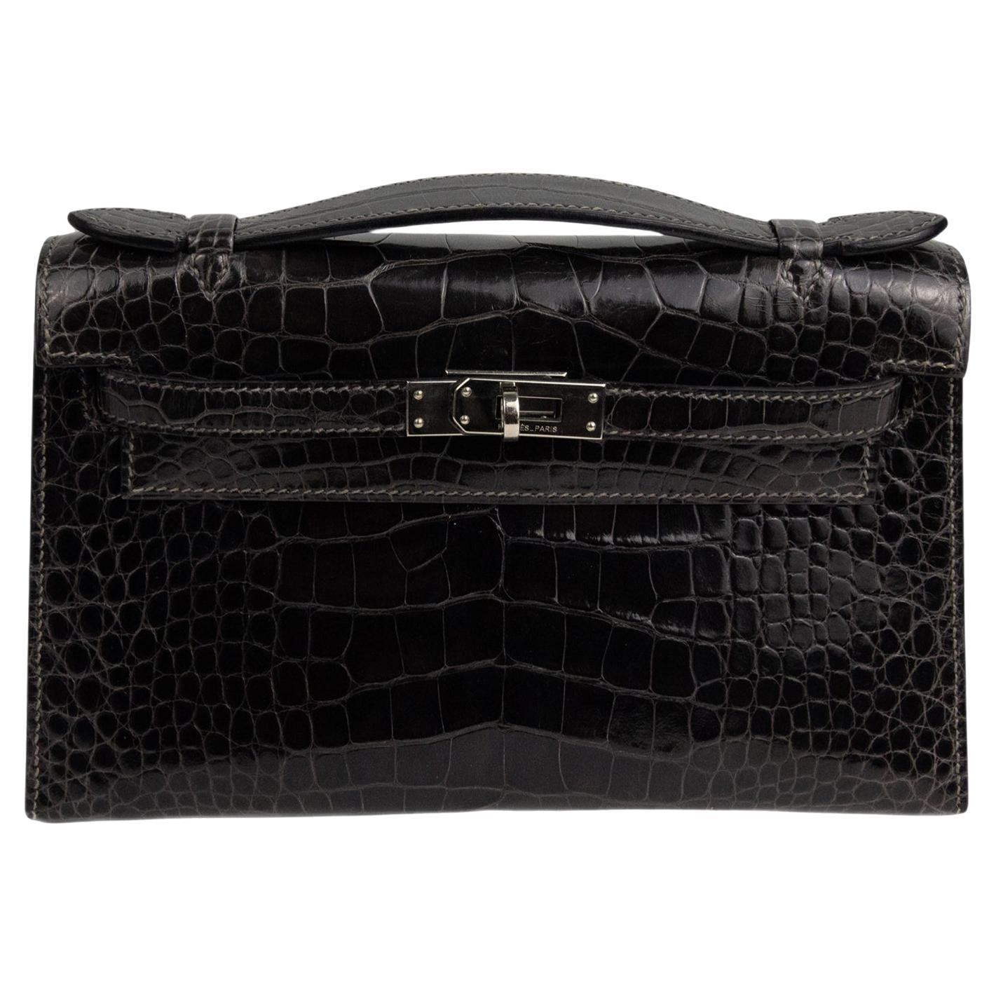Hermes Kelly Pochette Mini Black Aligator Leather Gold Hardware Bag For ...