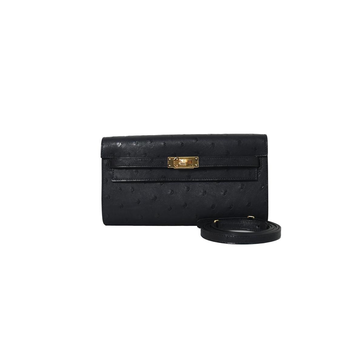 Hermes Kelly To-Go Wallet Ostrich Gold Hardware Black For Sale at ...