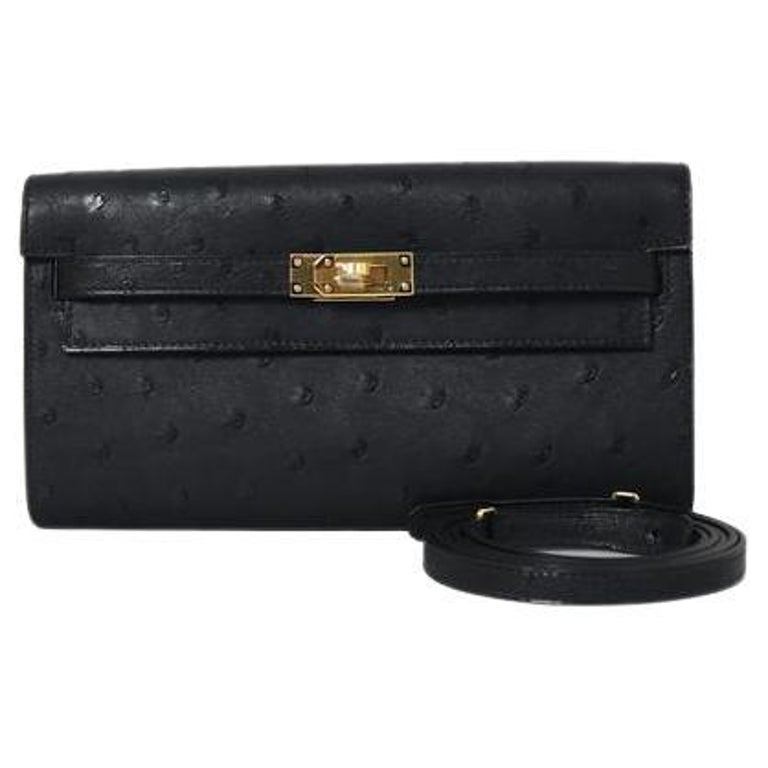 Hermes Kelly To-Go Wallet Ostrich Gold Hardware Black at 1stDibs
