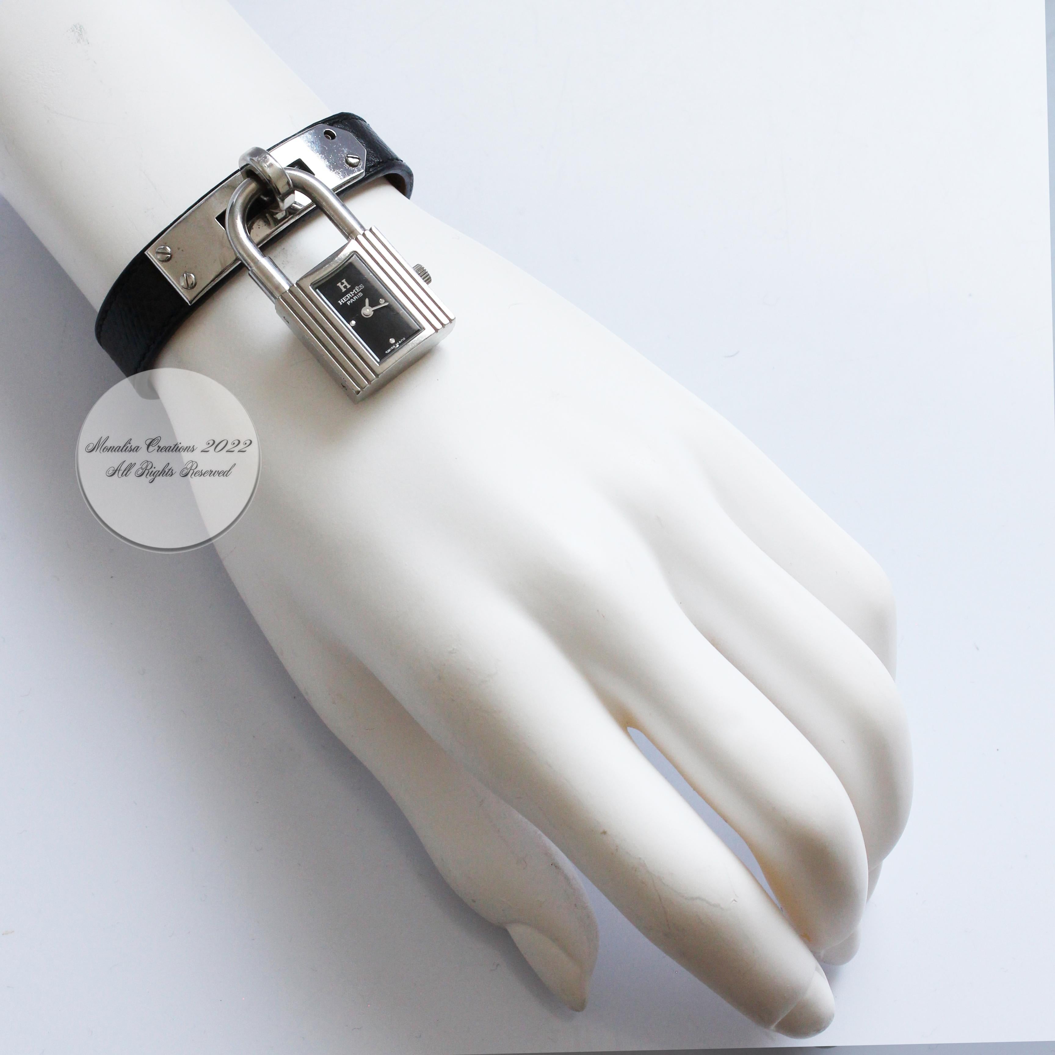 Hermes Kelly Watch Silver Cadena Lock Black Epsom Leather Strap 2004 ...