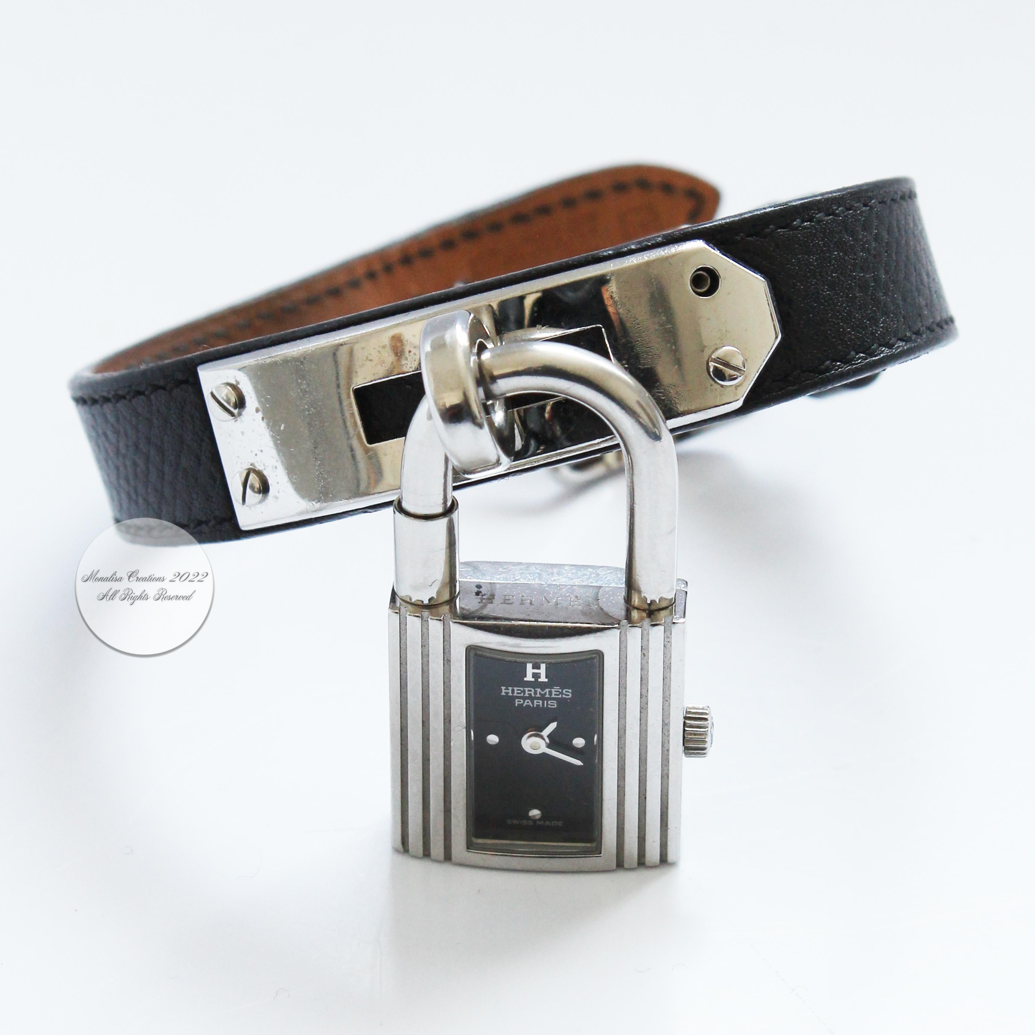 Hermes Kelly Watch Silver Cadena Lock Black Epsom Leather Strap 2004 ...