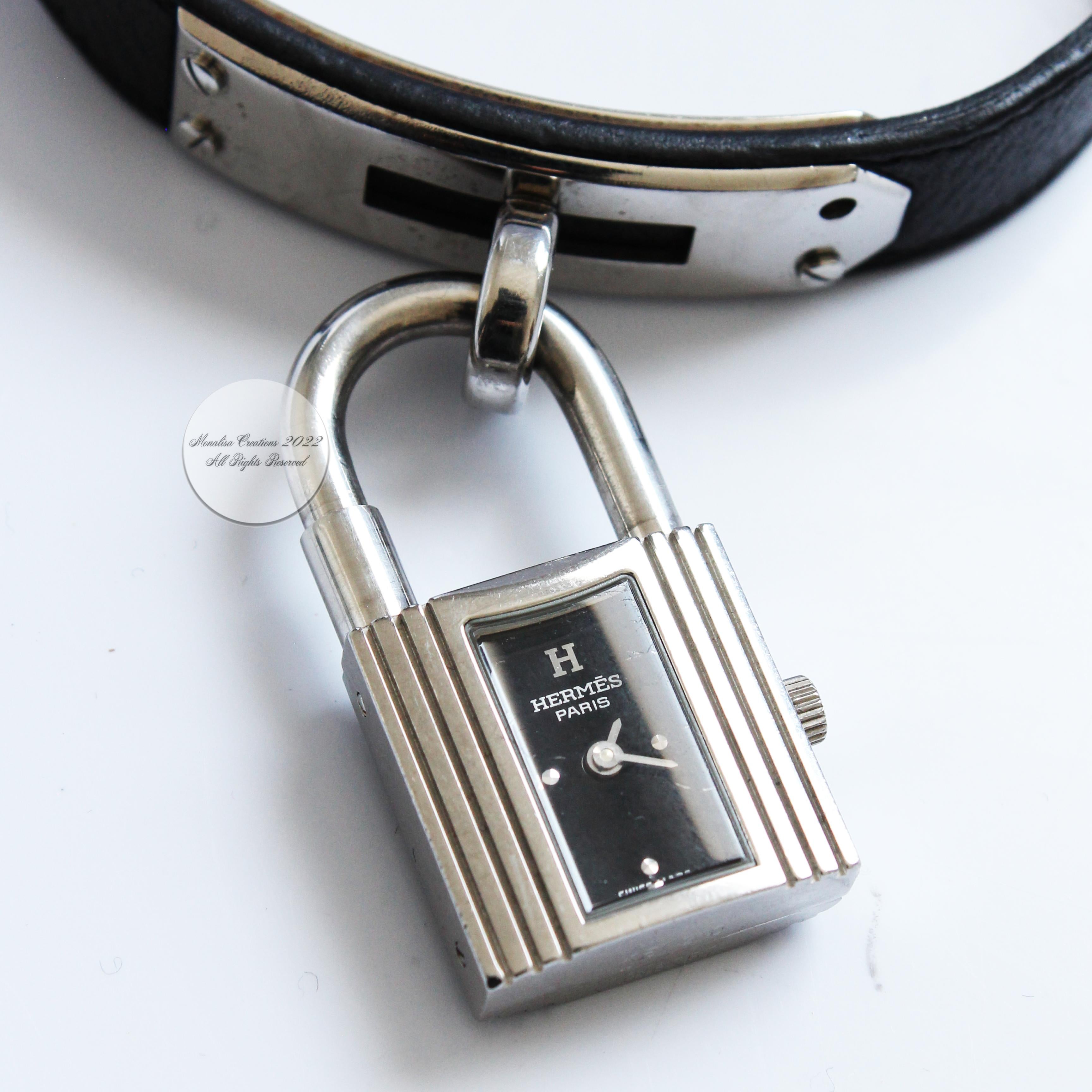 Hermes Kelly Watch Silver Cadena Lock Black Epsom Leather Strap 2004 ...