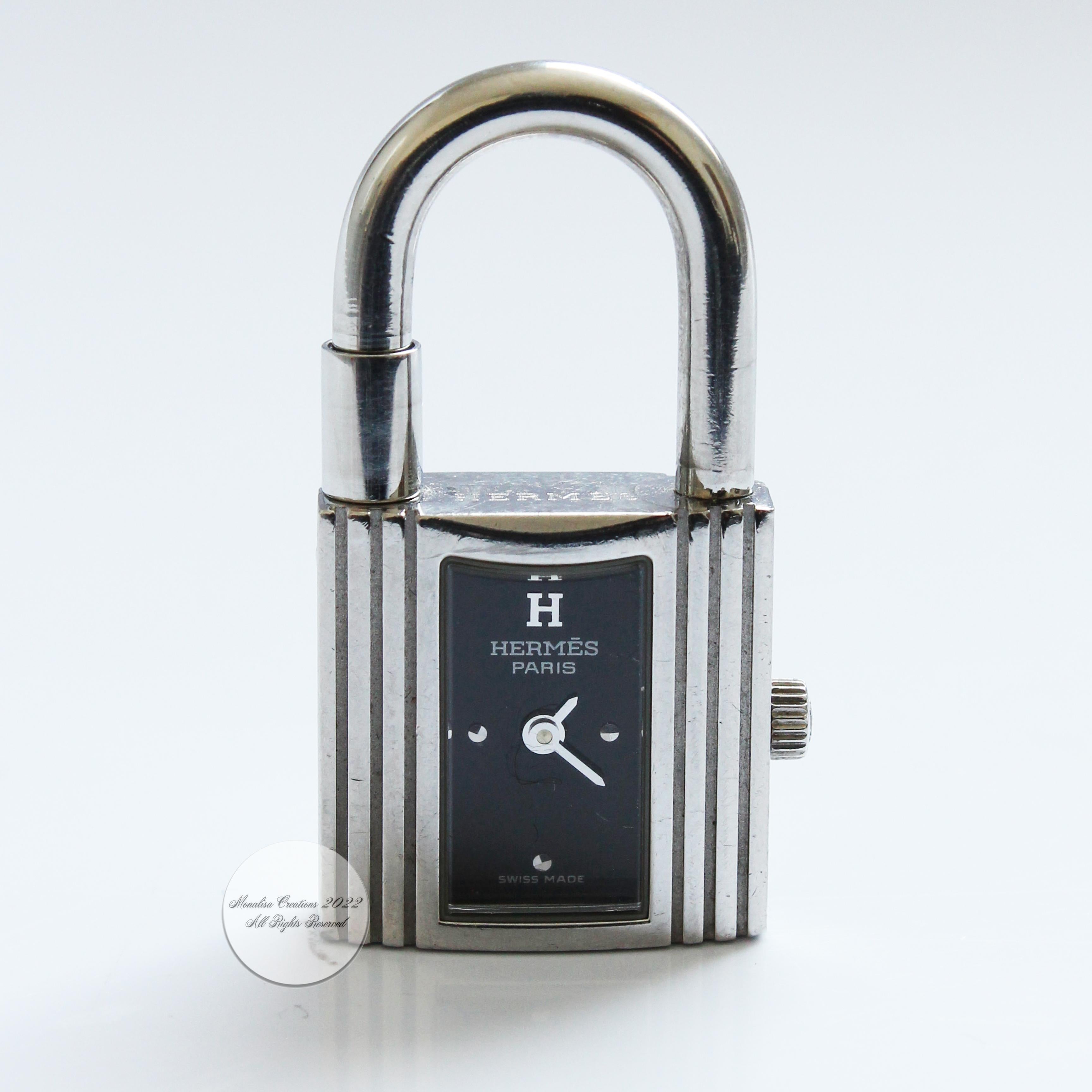 Hermes Kelly Watch Silver Cadena Lock Black Epsom Leather Strap 2004 ...