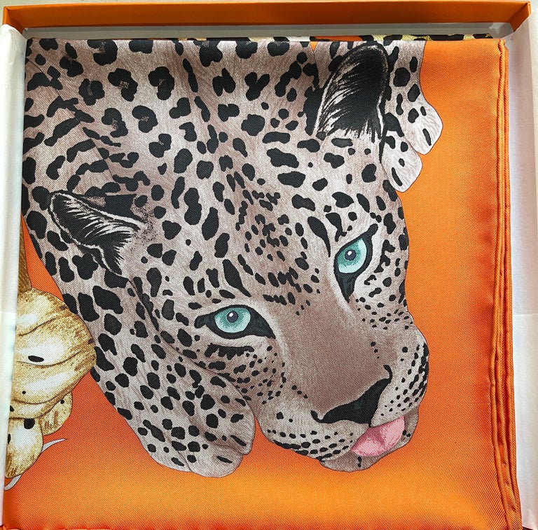 Hermès Lazy Leopardesses Orange Silk 90 Scarf/Wrap Scarf/Wrap at ...