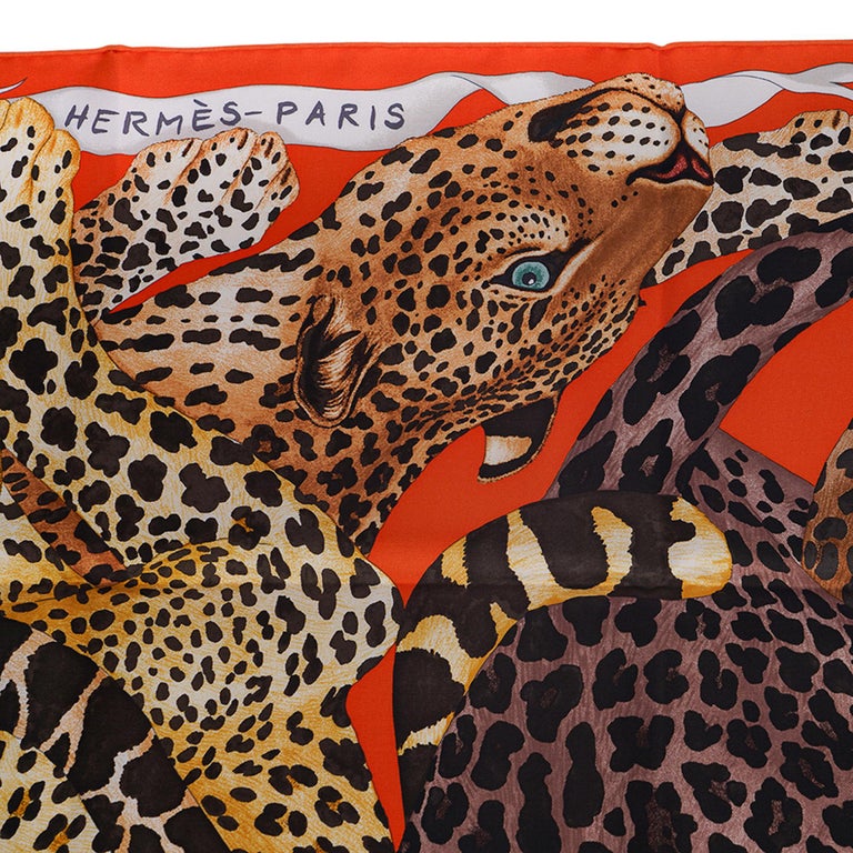 Hermes Lazy Leopardesses Potiron / Brun / Miel Scarf 90 For Sale at ...