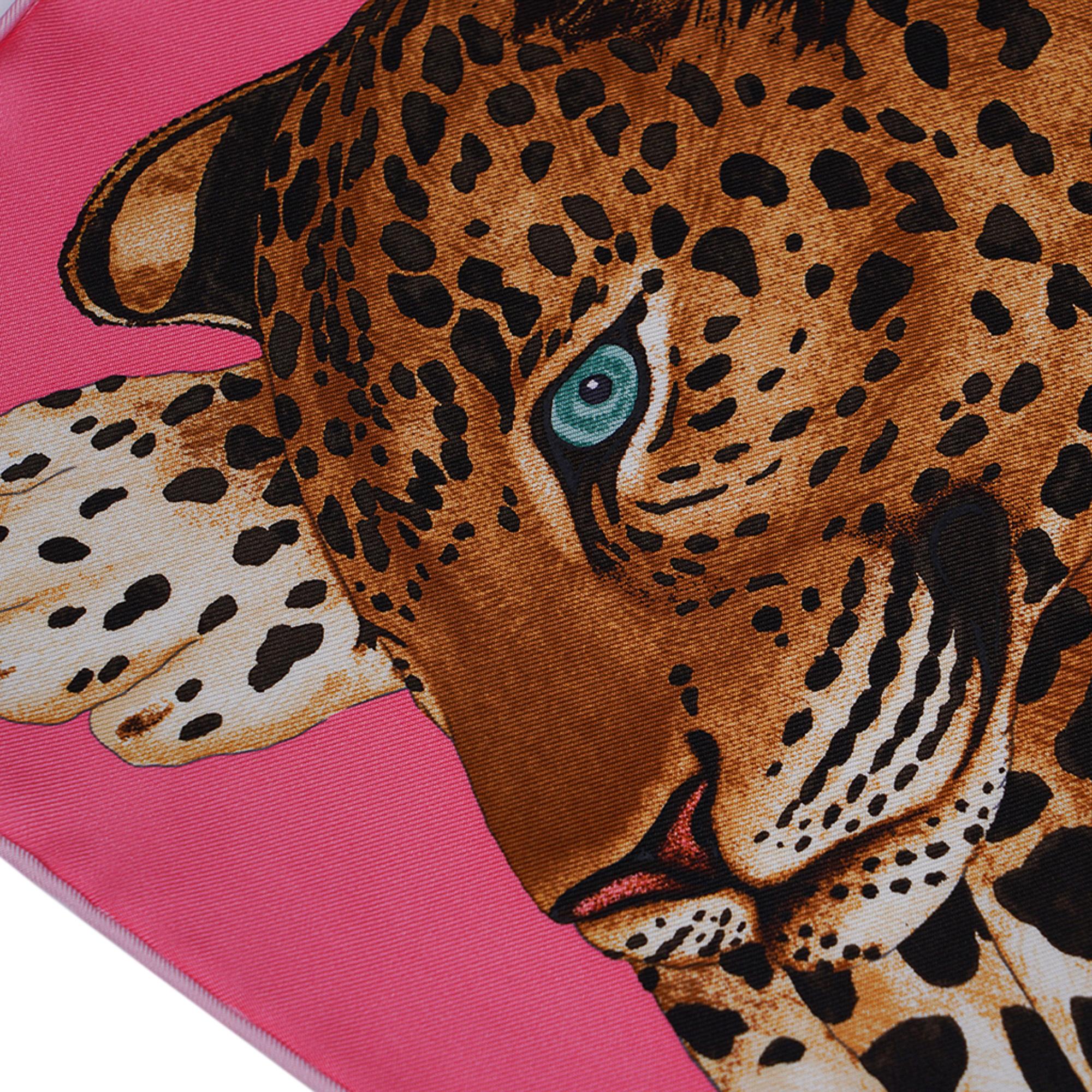 Hermes Lazy Leopardesses Scarf Rose Vif / Anthracite / Miel Silk 90 at ...
