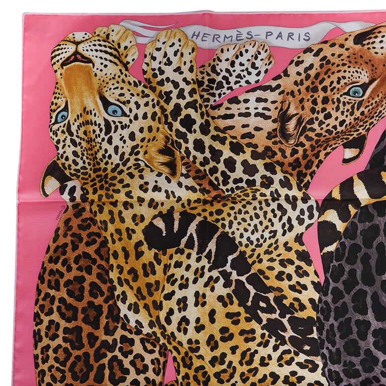 Hermes Lazy Leopardesses Scarf Rose Vif / Anthracite / Miel Silk 90 at ...
