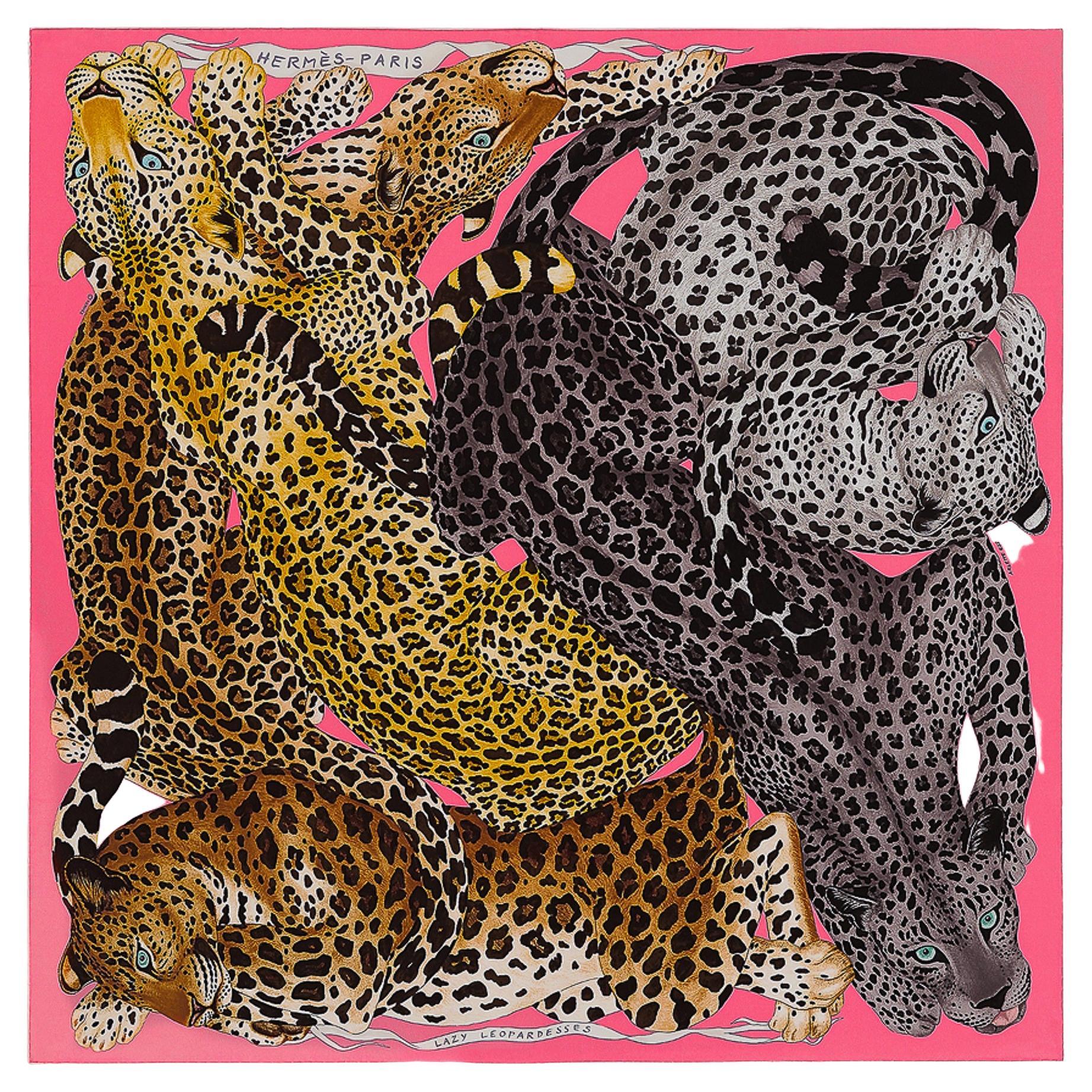 Hermes Lazy Leopardesses Scarf Rose Vif / Anthracite / Miel Silk 90 at ...