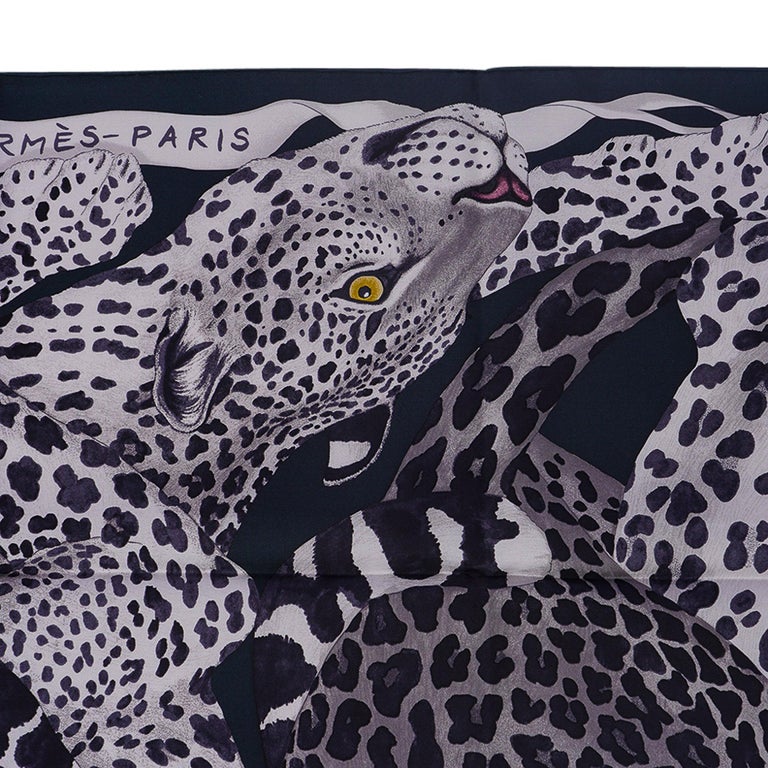 Hermes Lazy Leopardesses Scarf Vert Noir/ Gris Silk 90 New w/Box at 1stDibs